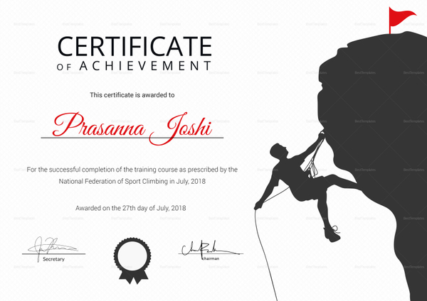 Rock Climbing Achievement Certificate Design Template in PSD, Word