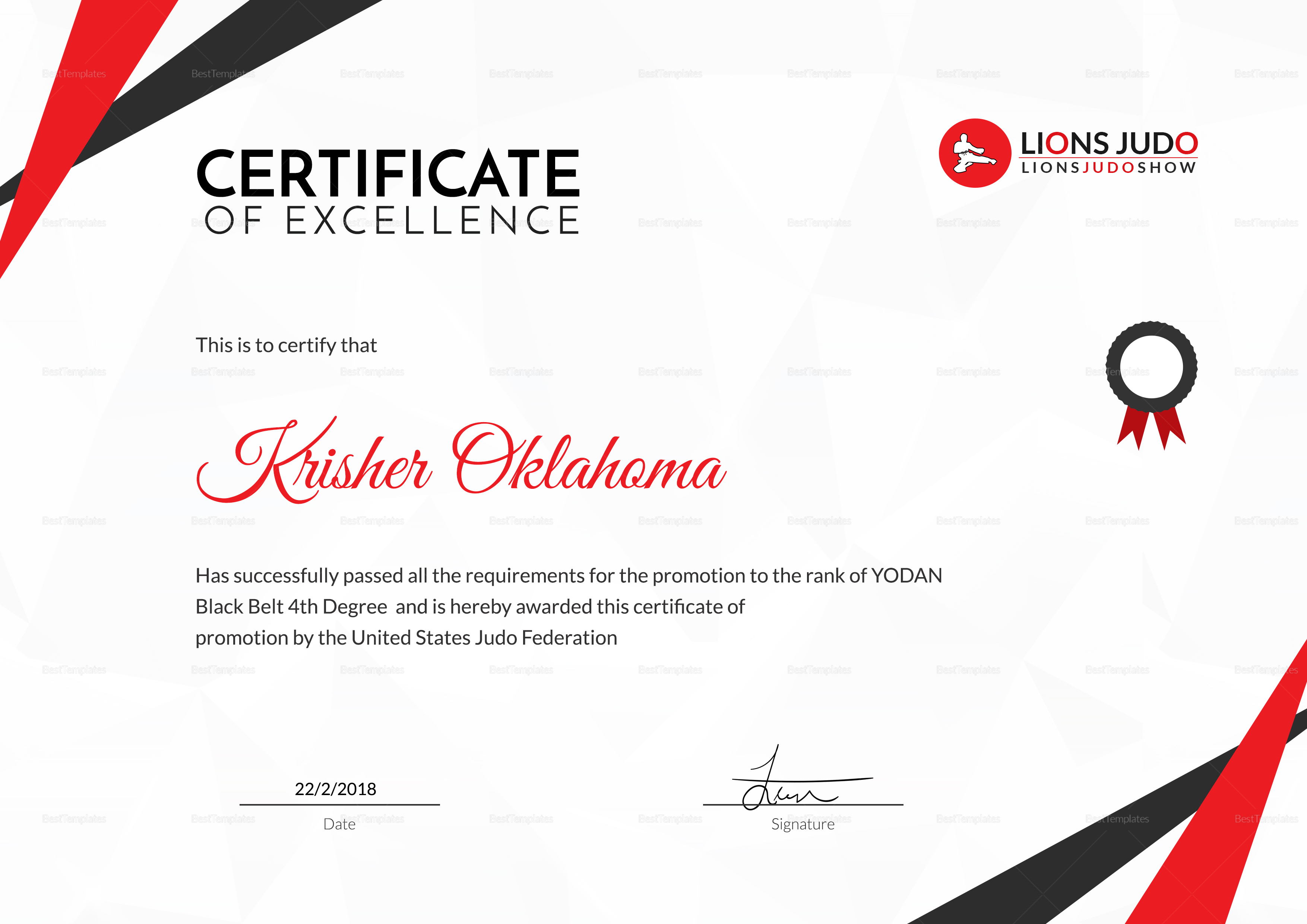 Judo Excellence Certificate Design Template in PSD, Word