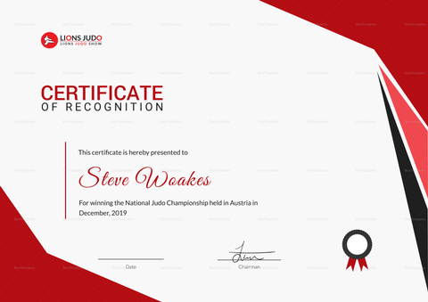 Judo Recognition Certificate Design Template in PSD, Word