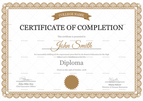 High School Completion Certificate Design Template in PSD, Word