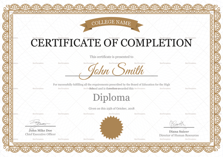 High School Completion Certificate Design Template in PSD, Word