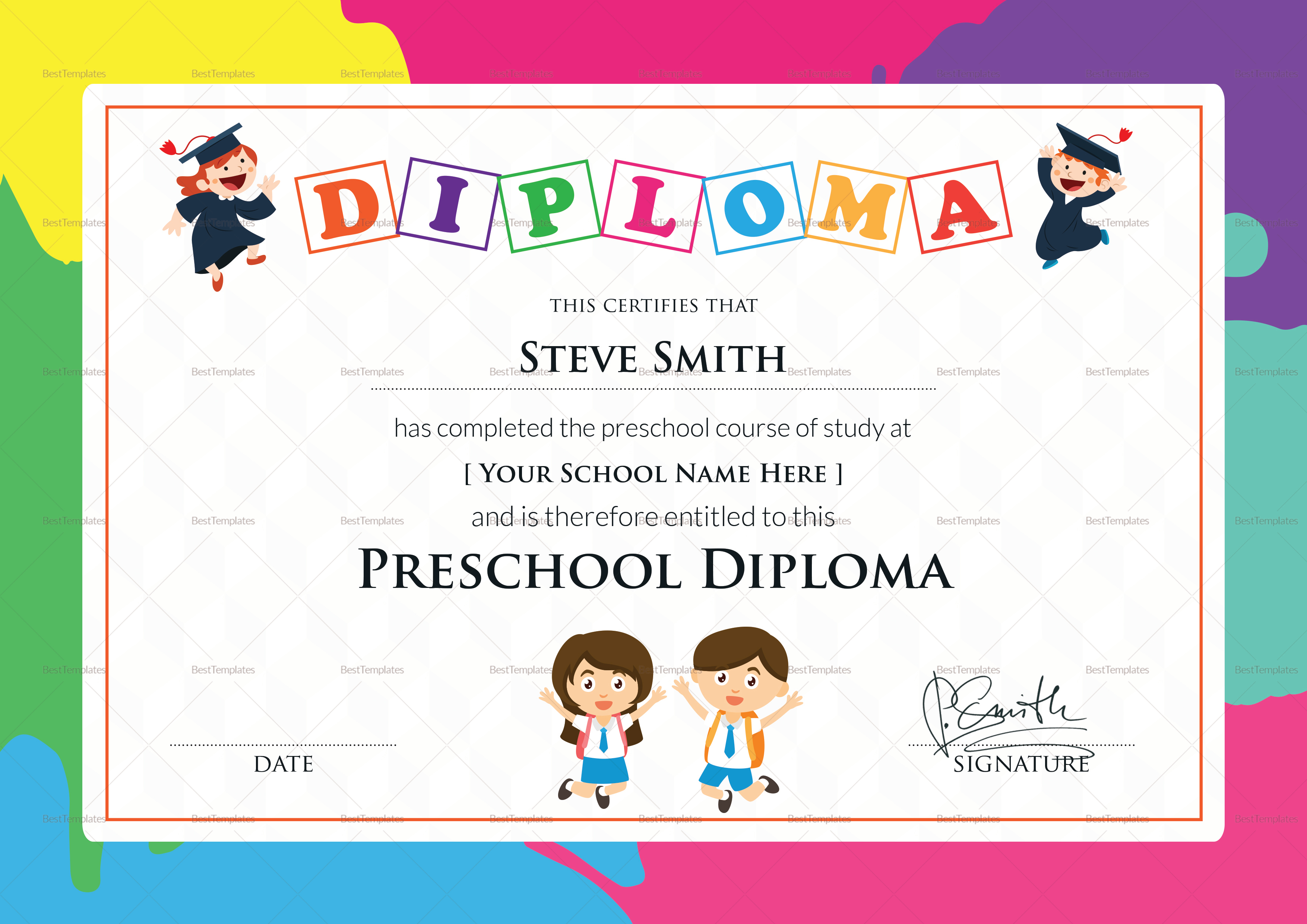 Preschool Diploma Certificate Design Template In PSD Word