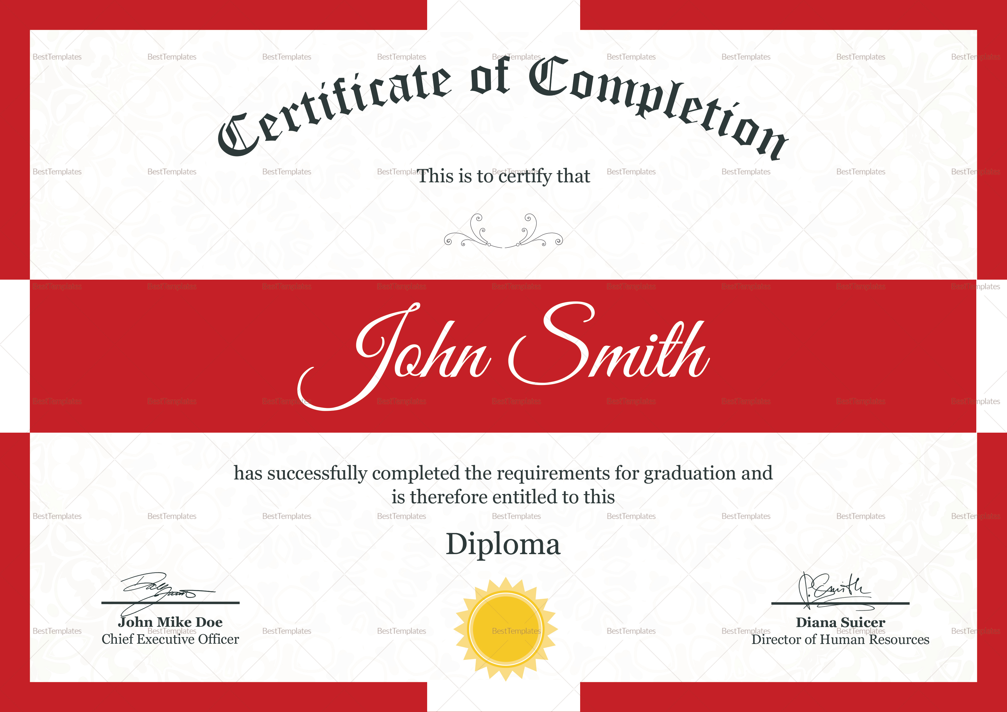Diploma Completion Certificate Design Template In PSD Word
