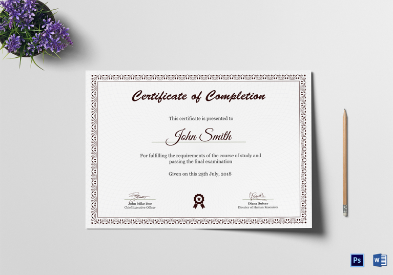 Graduation Diploma Completion Certificate Design Template in PSD, Word