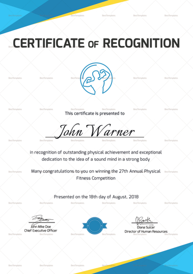 Physical Fitness Recognition Certificate Design Template in PSD, Word