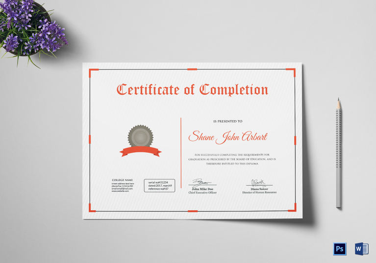 Successful Graduation Completion Certificate Design Template in PSD, Word
