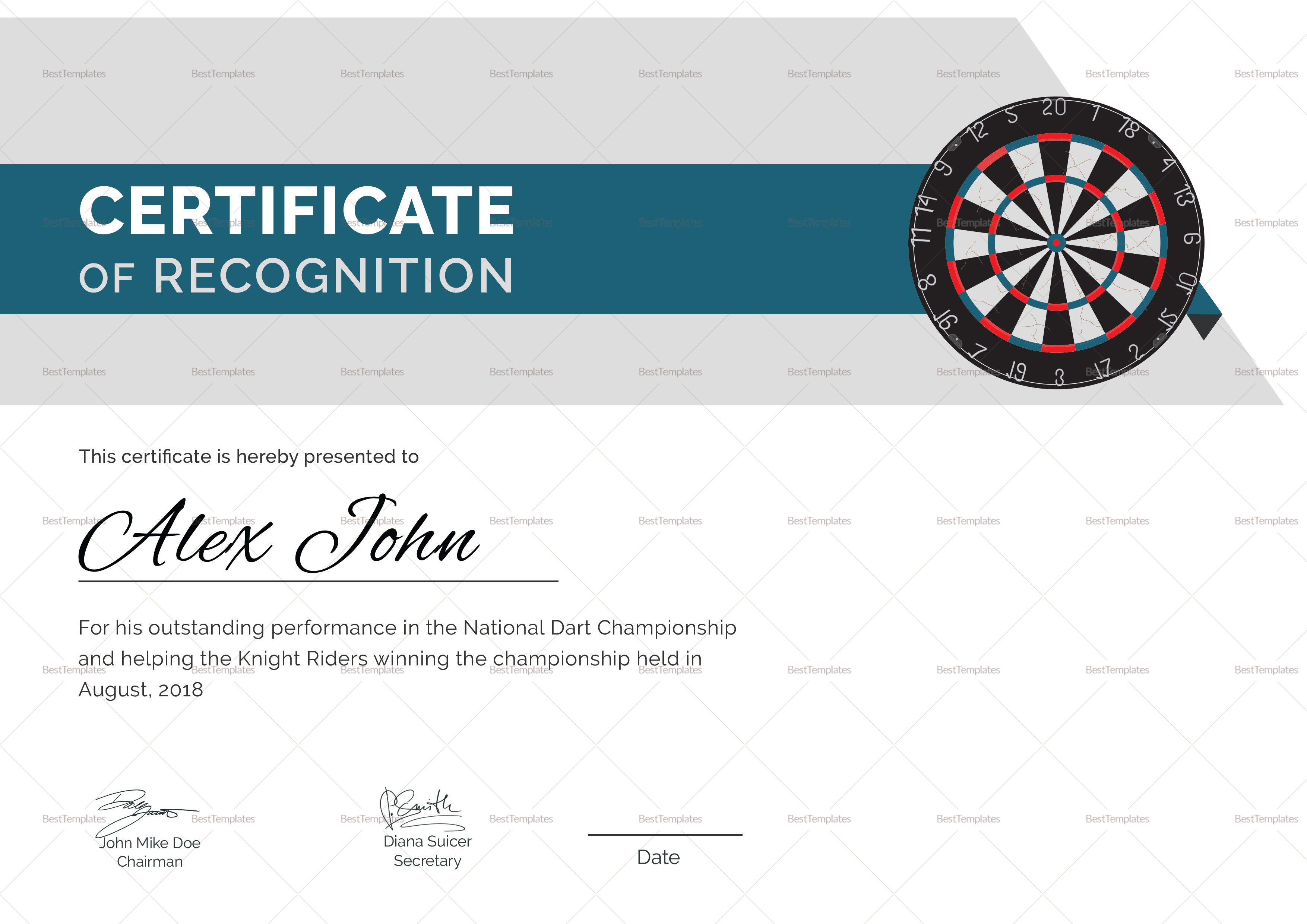 Certificate of Darts Award Design Template in PSD, Word