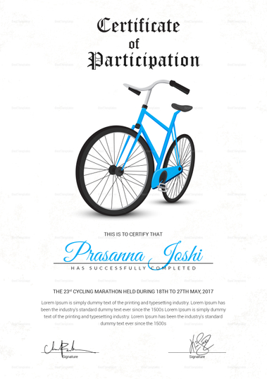 Participation Certificate for Cycling Design Template in PSD, Word
