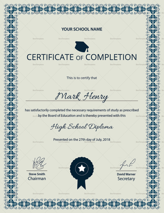 High School Diploma Completion Certificate Design Template in PSD, Word