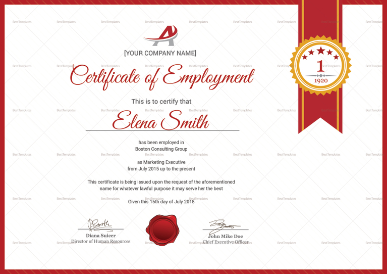 Dynamic Employment Certificate Design Template in PSD, Word