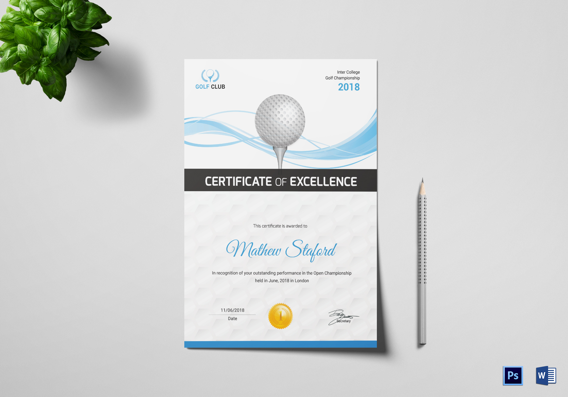Golf Certificate Design Template In PSD Word
