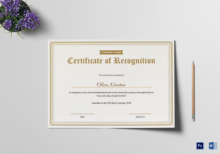 Employee Recognition Certificate Design Template in PSD, Word