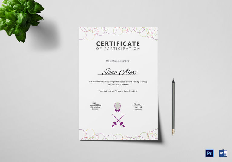 National Fencing Training Certificate Design Template in PSD, Word