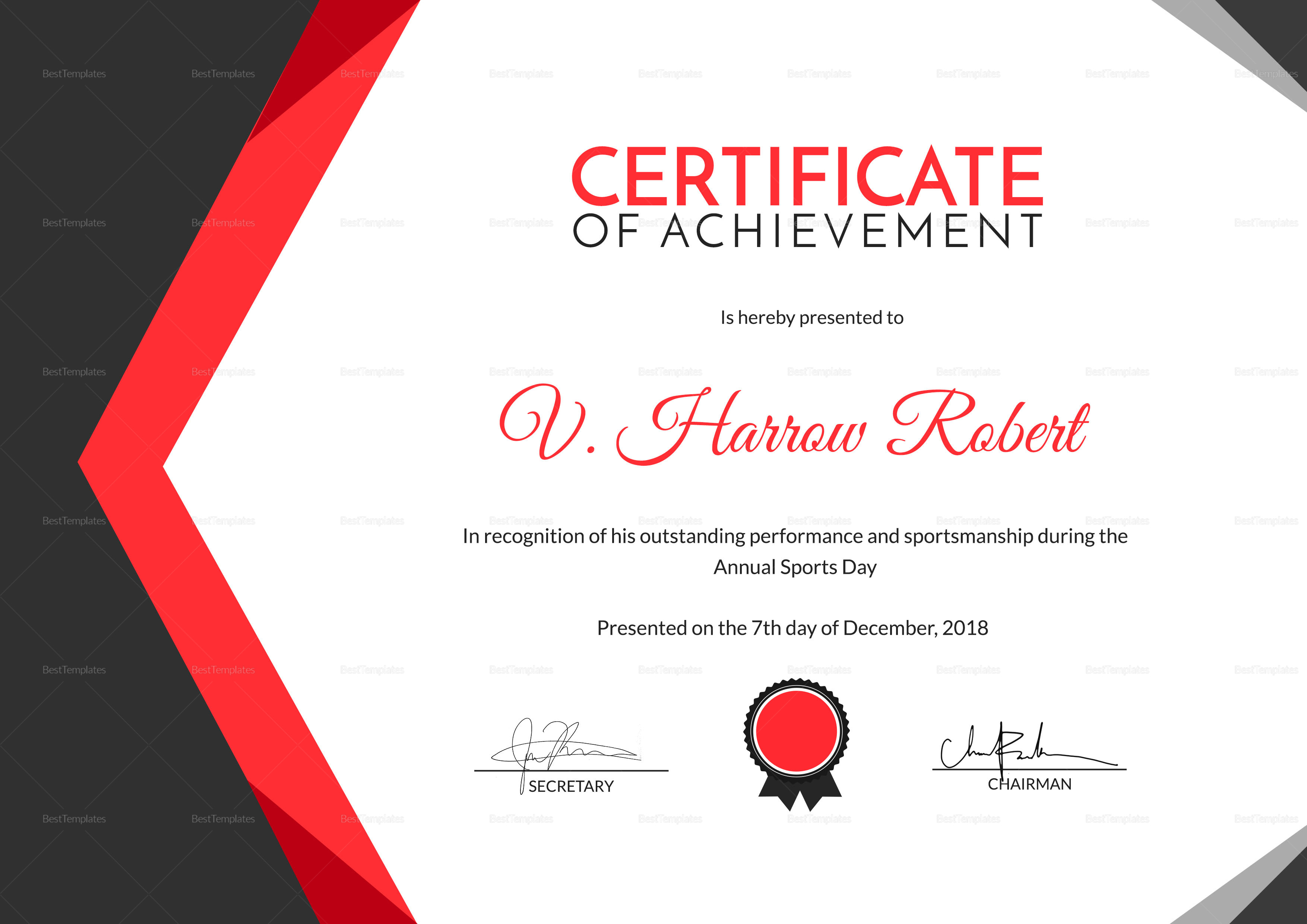 Sports Day Achievement Certificate Design Template In PSD Word