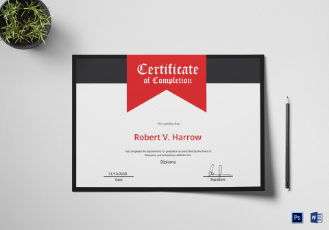 College Graduation Completion Certificate Design Template in PSD, Word