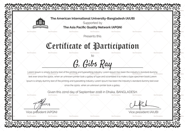 Printable Participation Certificate Design Template in PSD, Word