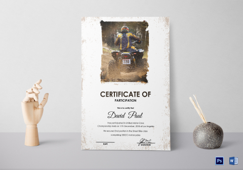 Motor Sport Participation Certificate Design Template in PSD, Word
