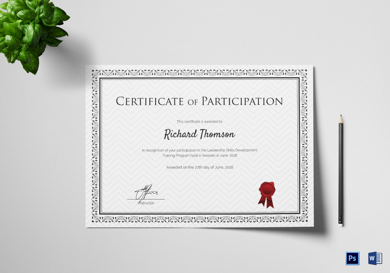 Training Participation Certificate Design Template in PSD, Word