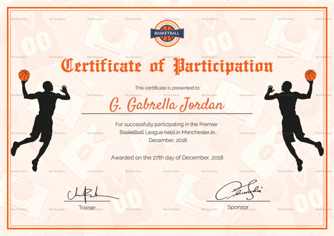Certificate of Basketball Participation Design Template in PSD, Word