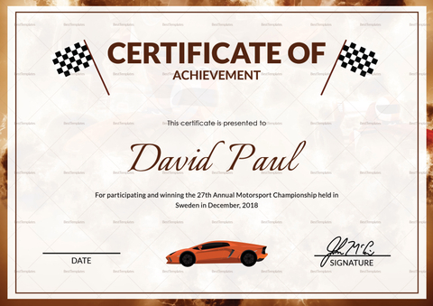 Motorsport Champion Certificate Design Template in PSD, Word