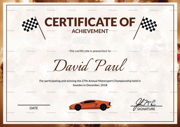 Motorsport Champion Certificate Design Template in PSD, Word