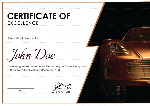 Motorsport Excellence Certificate Design Template in PSD, Word