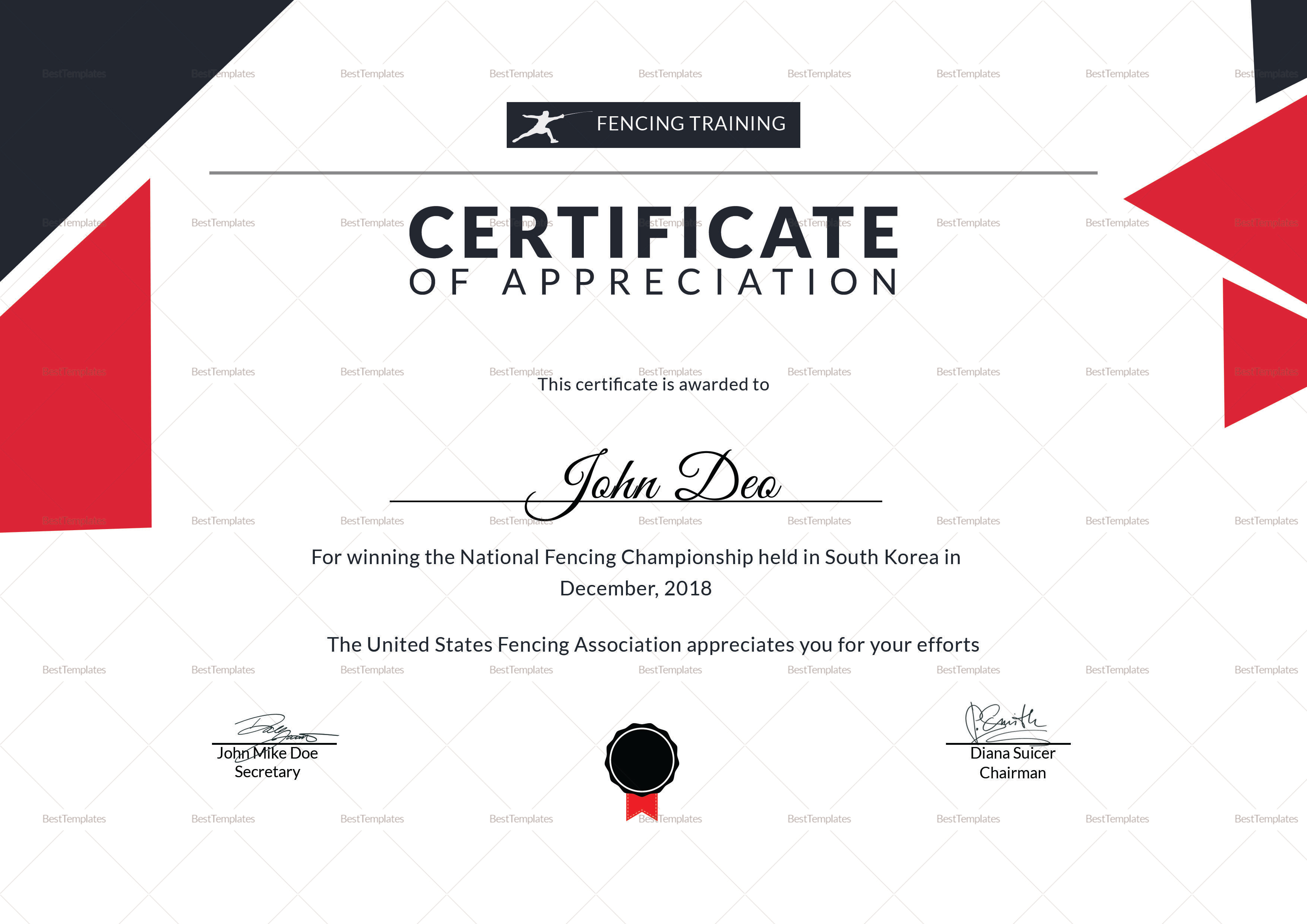Fencing Appreciation Certificate Design Template in PSD, Word
