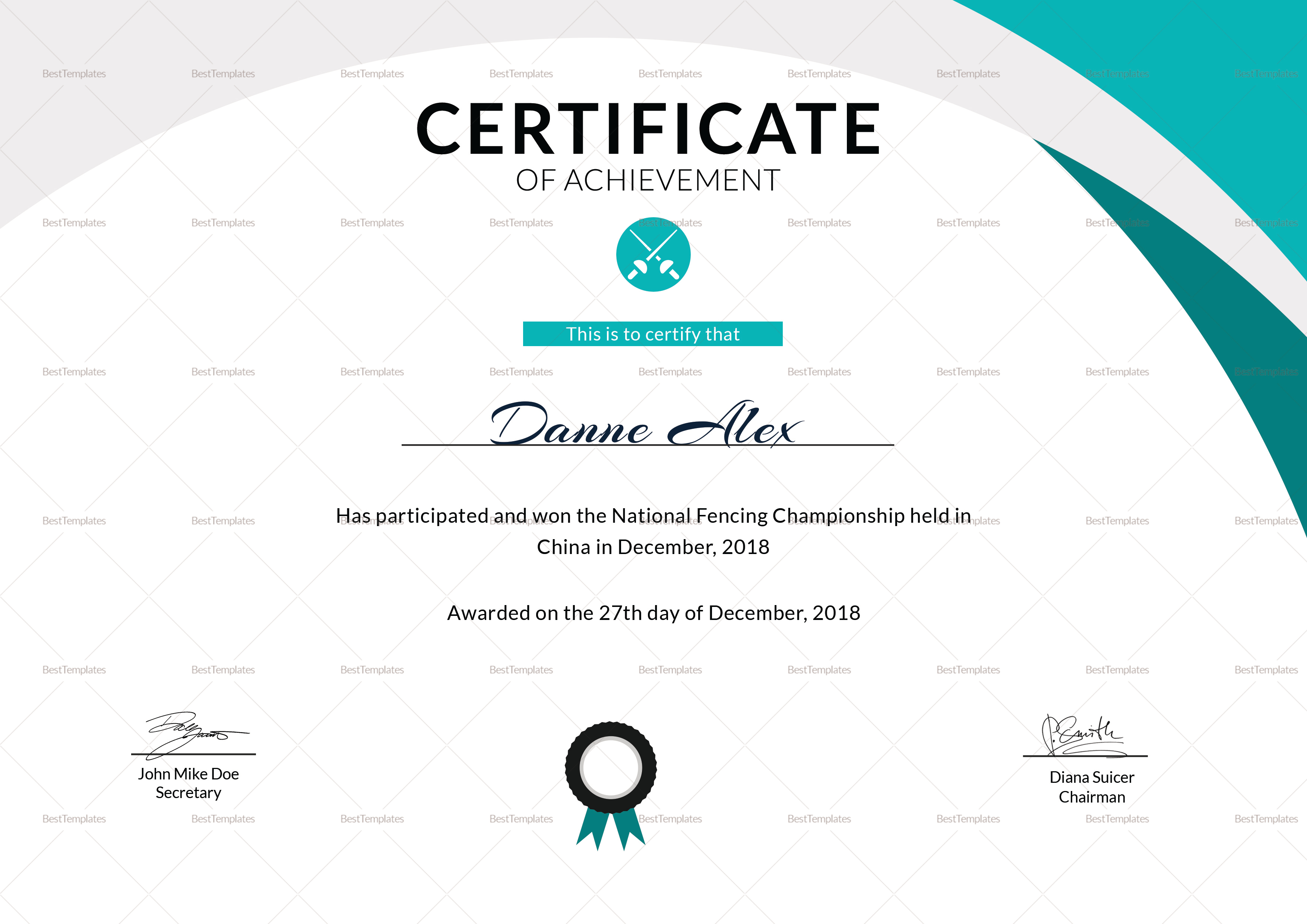 Fencing Achievement Certificate Design Template in PSD, Word