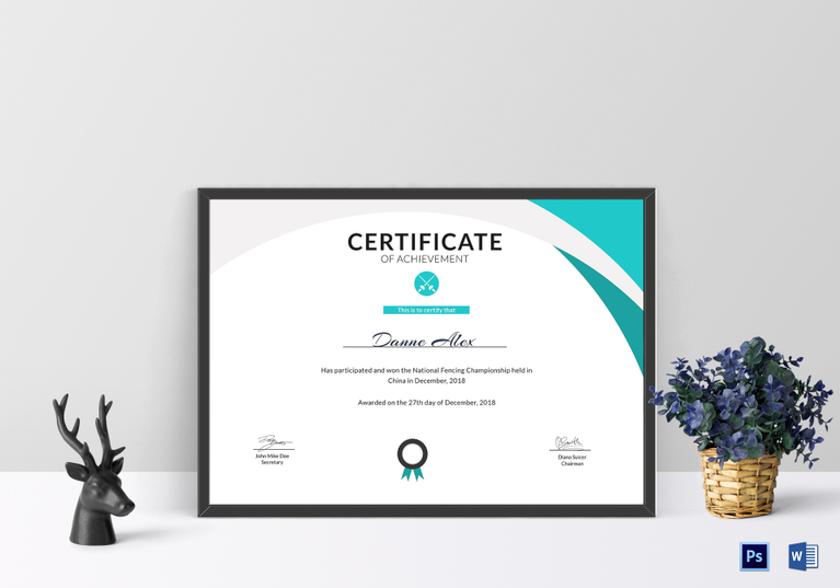 Fencing Achievement Certificate Design Template in PSD, Word