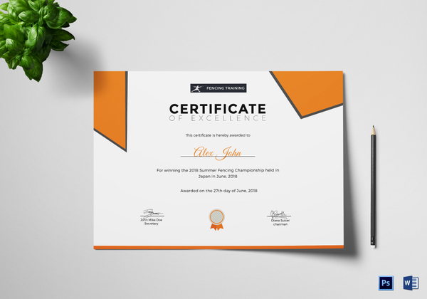 Fencing Excellence Certificate Design Template in PSD, Word