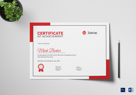 Table Tennis Achievement Certificate Design Template in PSD, Word