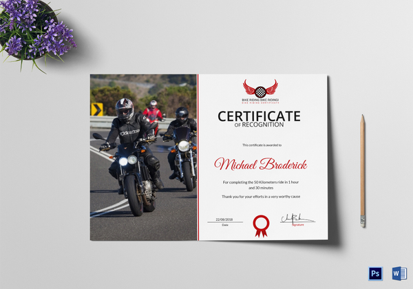 Off Road Bike Riding Recognition Certificate Design Template in PSD, Word