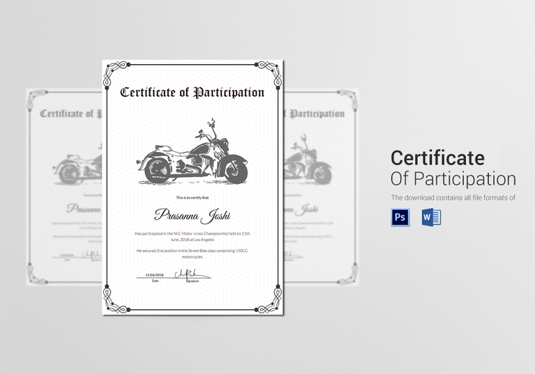 Classic Motocross Participation Certificate Design Template in PSD, Word
