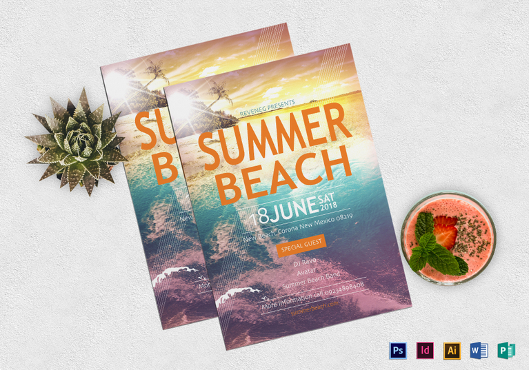 Summer Beach Flyer Design Template in PSD, Word, Publisher, Illustrator ...