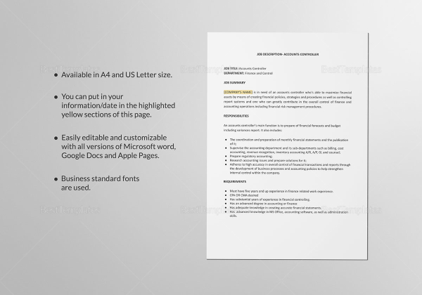 Accounts Controller Job Description Template in Word, Google Docs ...