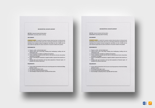 Accounts Assistant Job Description Template in Word, Google Docs, Apple ...