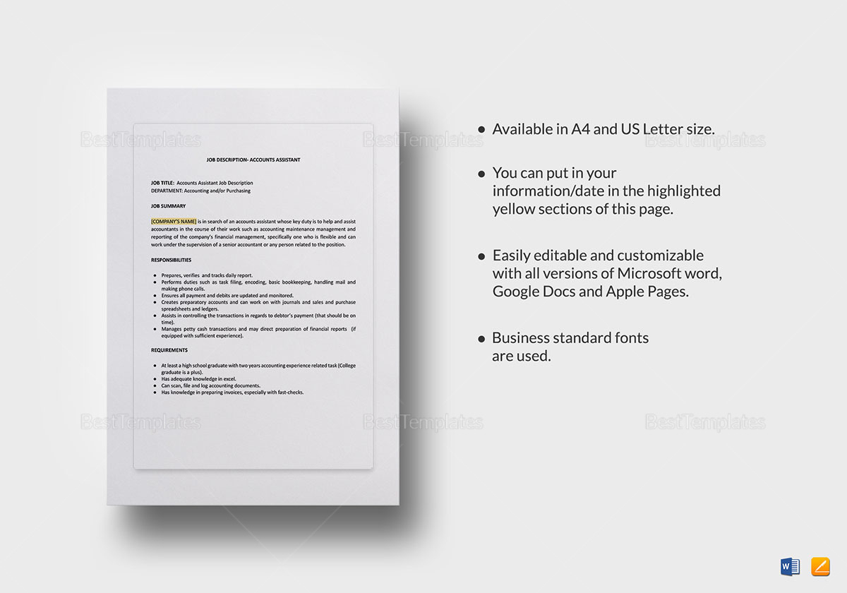Accounts Assistant Job Description Template In Word Google Docs Apple 
