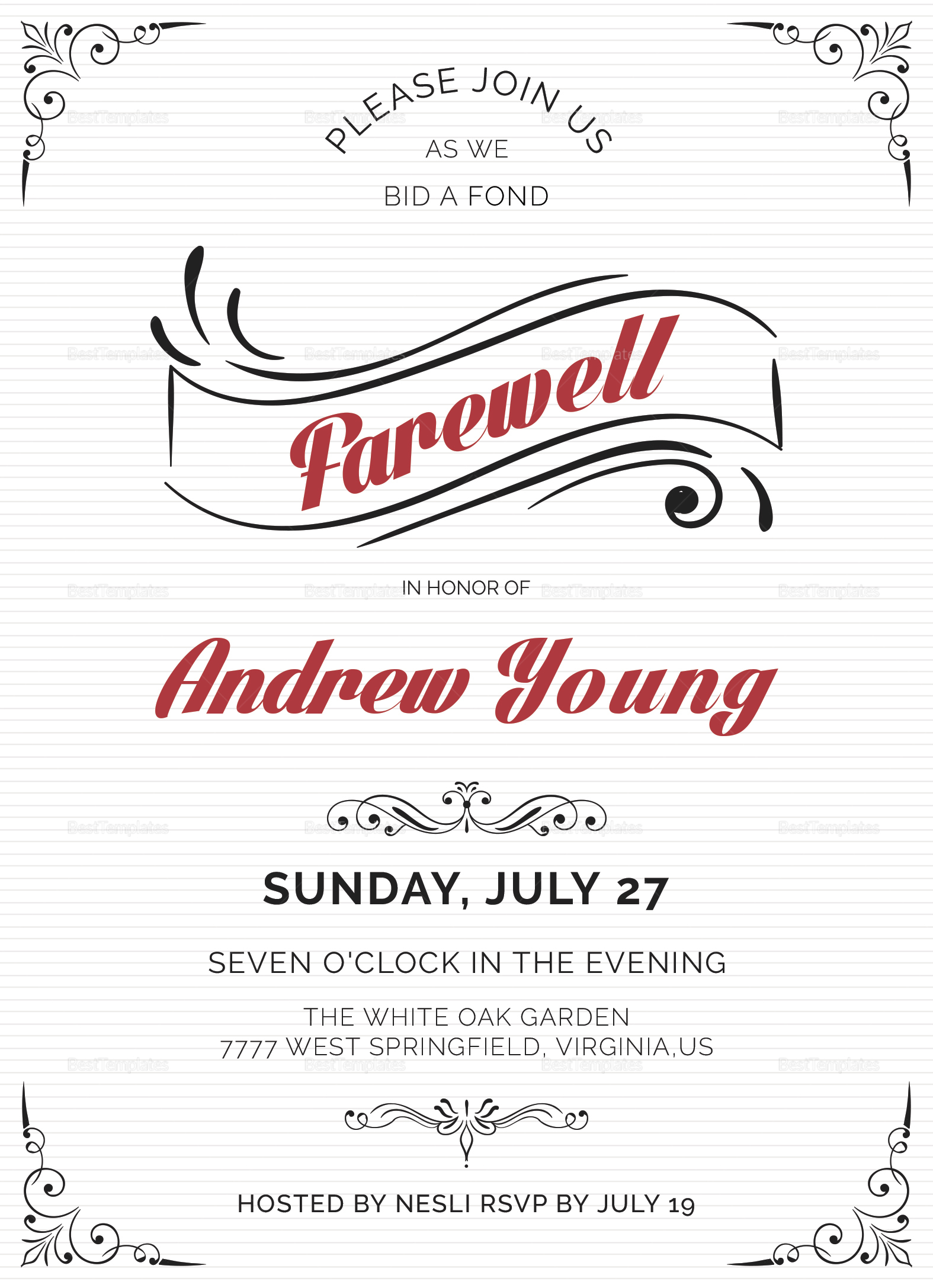 Elegant Farewell Party Invitation Design Template In Word PSD Publisher