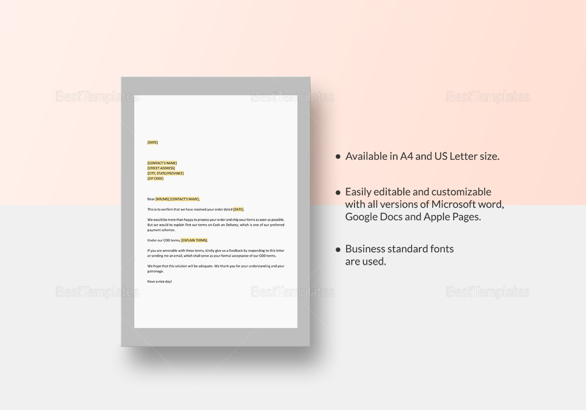 Notice of COD Terms Template in Word, Google Docs, Apple Pages