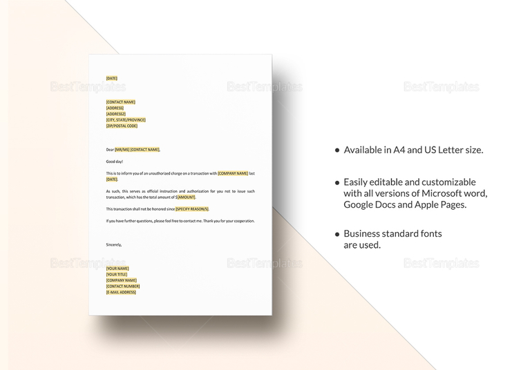 Notice to Stop Credit Charge Template in Word, Google Docs, Apple Pages