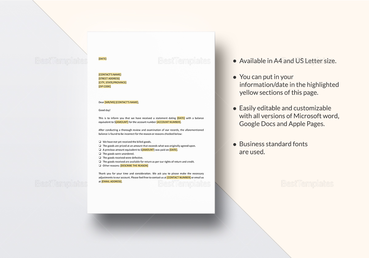 Disputed Balance Notice Template in Word, Google Docs, Apple Pages