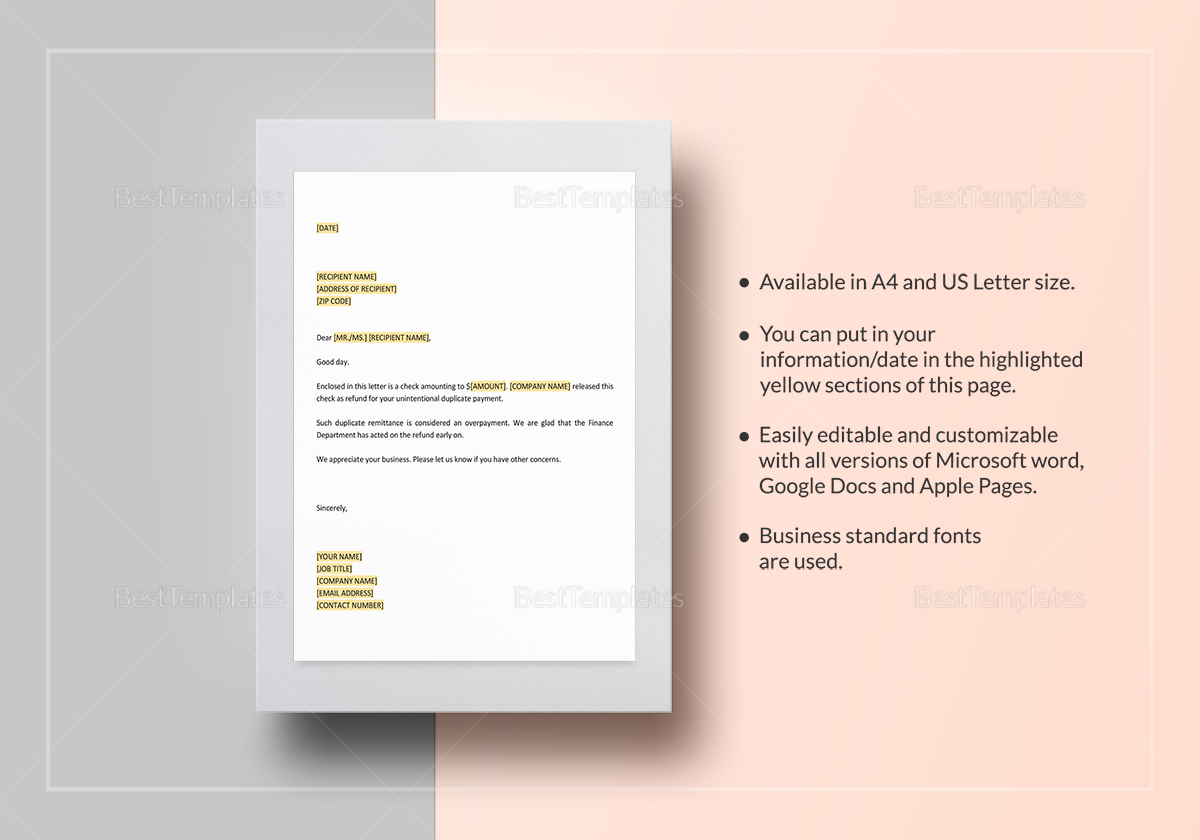 Refund of Duplicate Payment Template in Word, Google Docs, Apple Pages