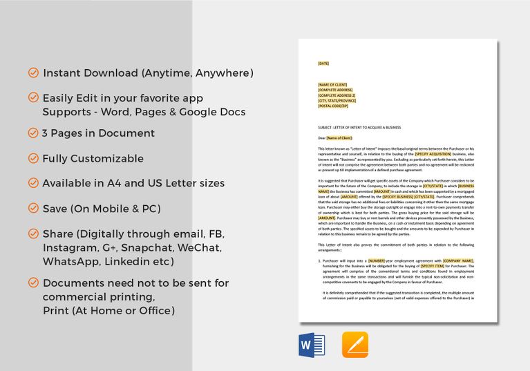 Letter of Intent Acquisition of Business Template in Word, Google Docs ...