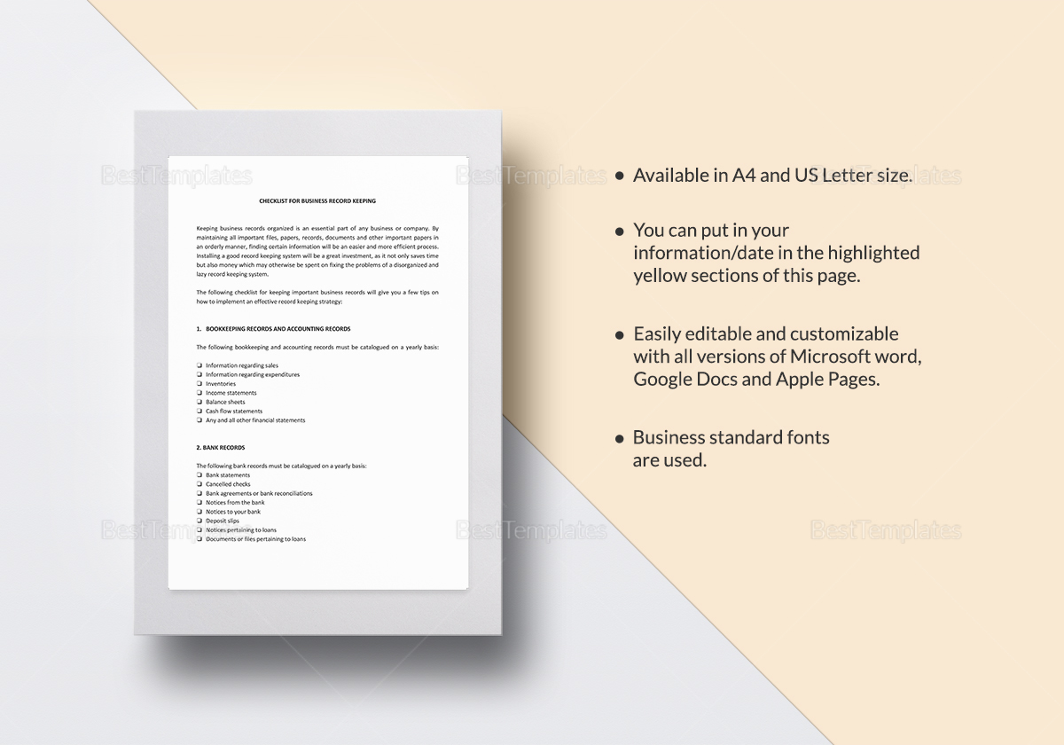 Checklist Key Record Keeping Template in Word, Google Docs, Apple Pages