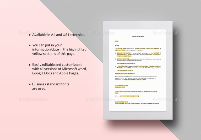 Solemn Declaration Template in Word, Google Docs, Apple Pages