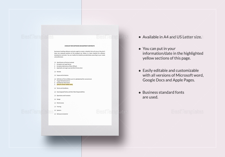 Checklist Software Development Contract Template in Word, Google Docs ...