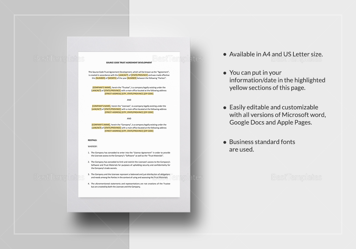 Source Code Trust Agreement Development Template in Word, Google Docs ...