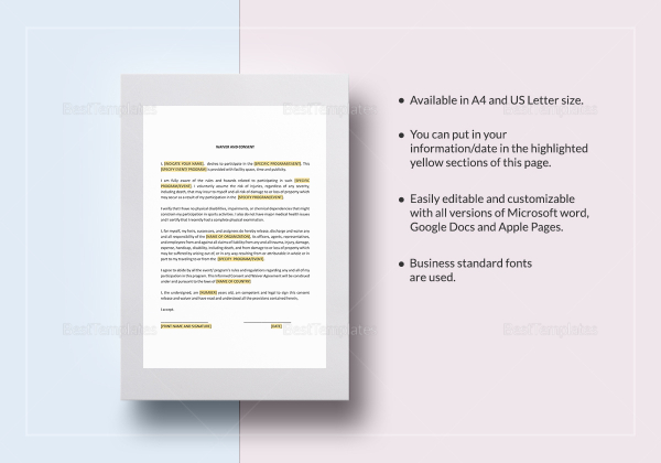Waiver and Consent Template in Word, Google Docs, Apple Pages