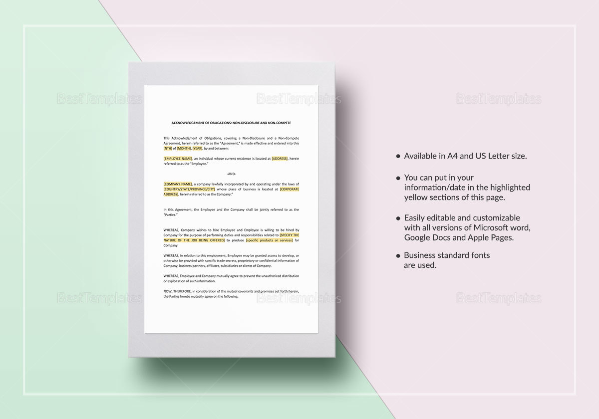 Acknowledgement of Obligations Template in Word, Google Docs, Apple Pages