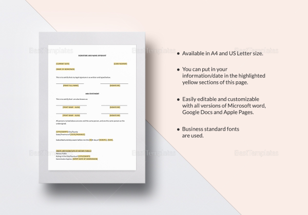 Signature and Name Affidavit Template in Word, Google Docs, Apple Pages